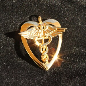 Heart Caduceus Pendant, 14k Gold Plated, Caduceus Symbol of Medicine ...