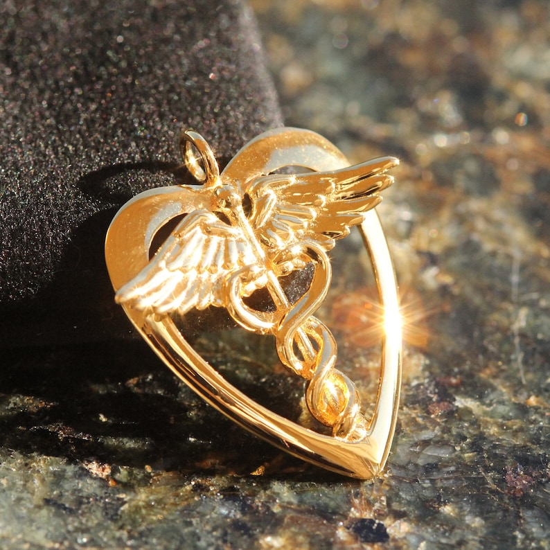 Heart Caduceus Pendant, 14k Gold Plated, Caduceus Symbol of Medicine ...