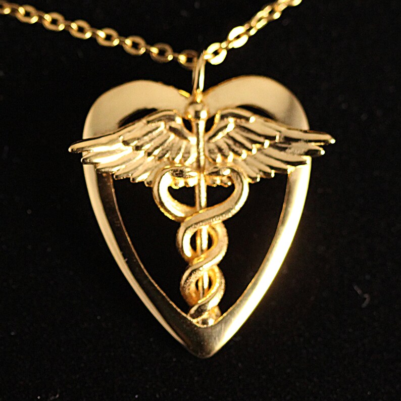 Heart Caduceus Pendant, 14k Gold Plated, Caduceus Symbol of Medicine ...