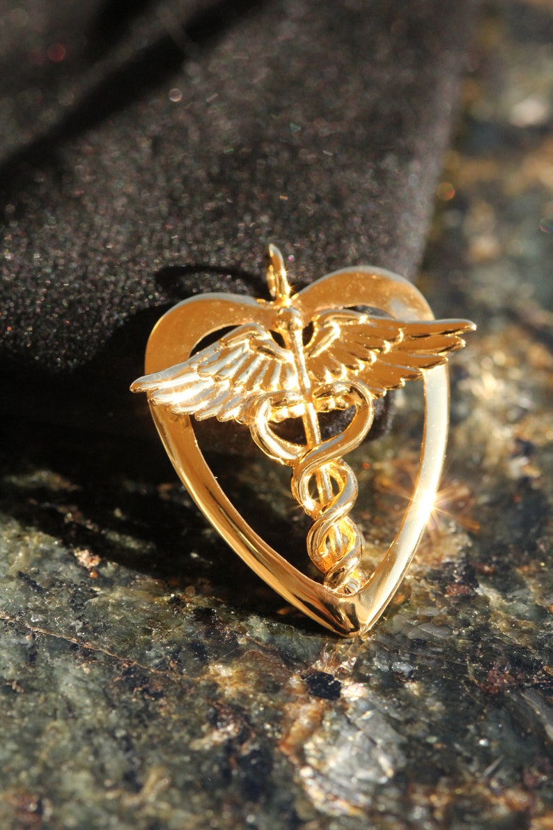 Heart Caduceus Pendant, 14k Gold Plated, Caduceus Symbol of Medicine ...