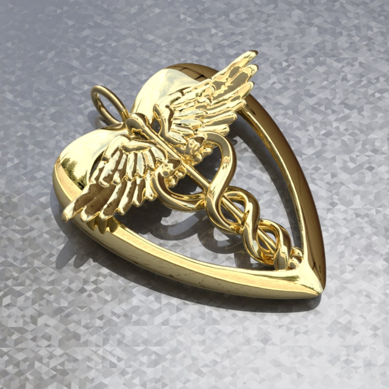 Heart Caduceus Pendant, 14k Gold Plated, Caduceus Symbol of Medicine ...