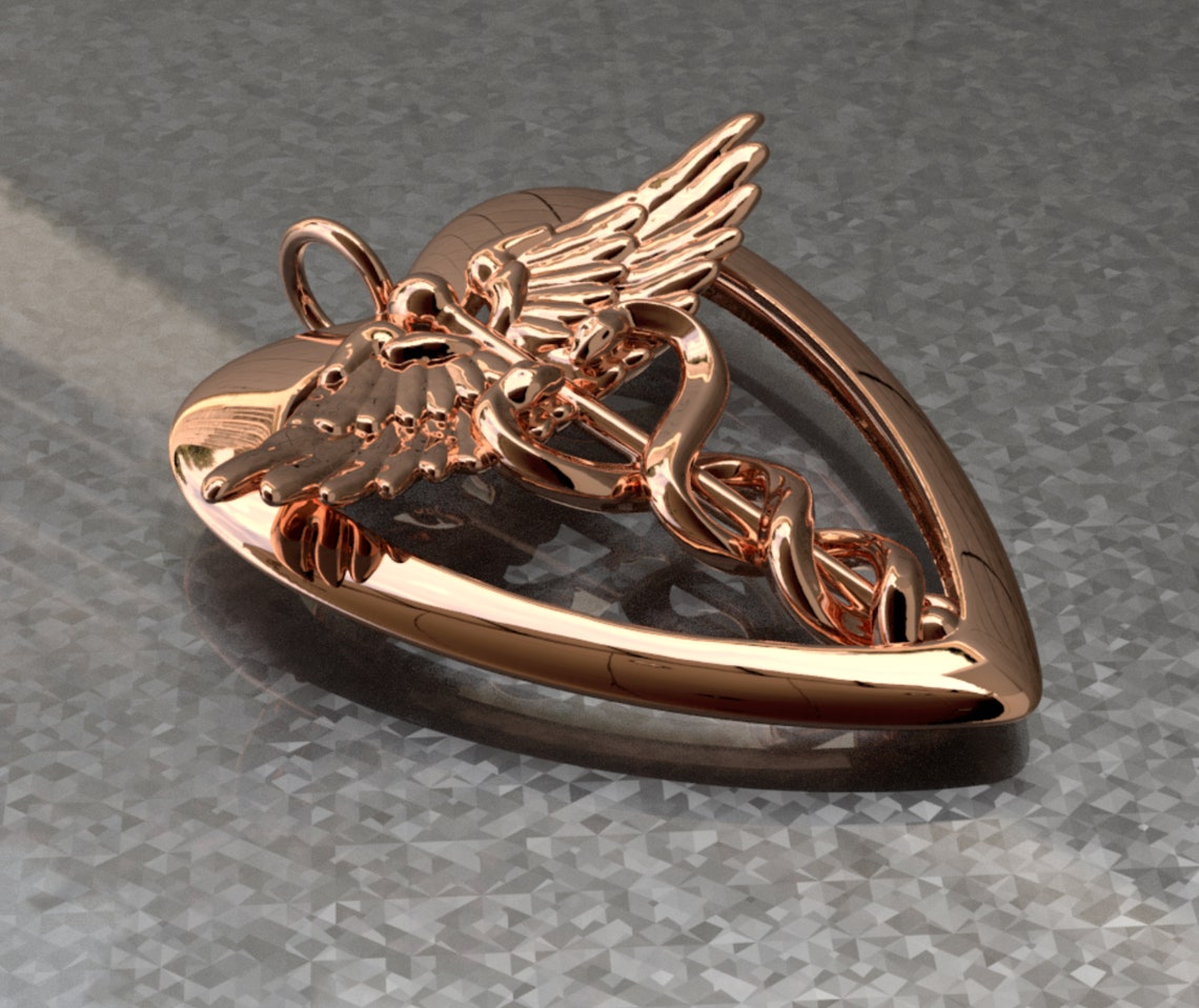 Rose Gold Heart Caduceus Pendant Heart Necklace Medical - Etsy