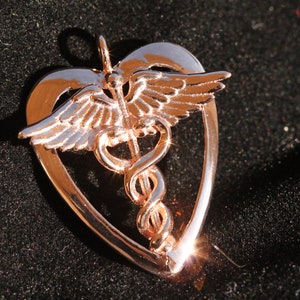 Rose Gold Heart Caduceus Pendant, Heart Necklace, Medical Symbol ...