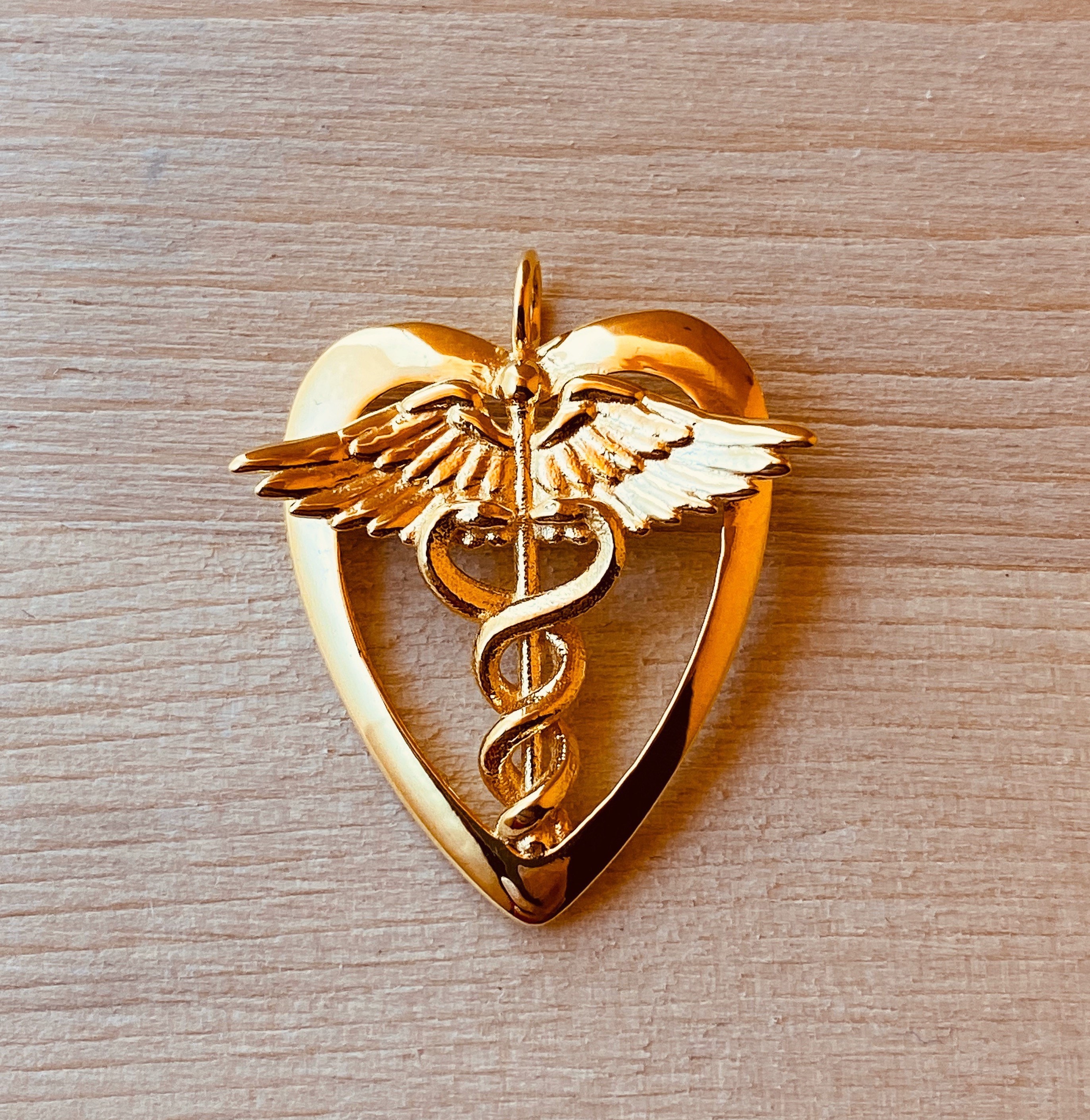 Heart Caduceus Pendant, 14k Gold Plated, Caduceus Symbol of Medicine ...