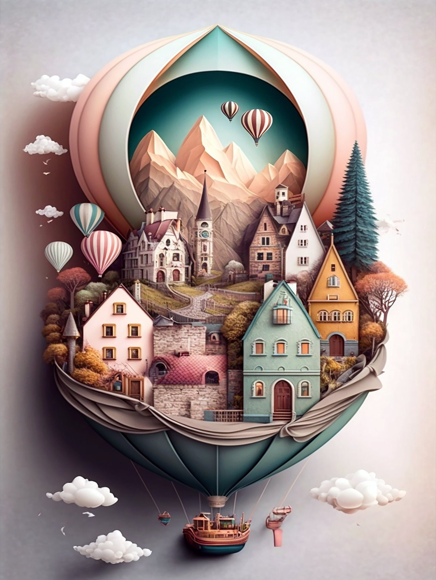 Fairy Tale Town in Balloon Digital Print, Instant Download - Etsy