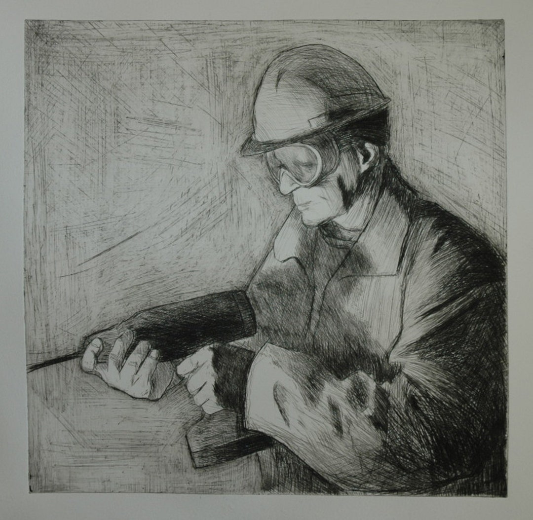 Drypoint Etching 'man With Drill ' - Etsy