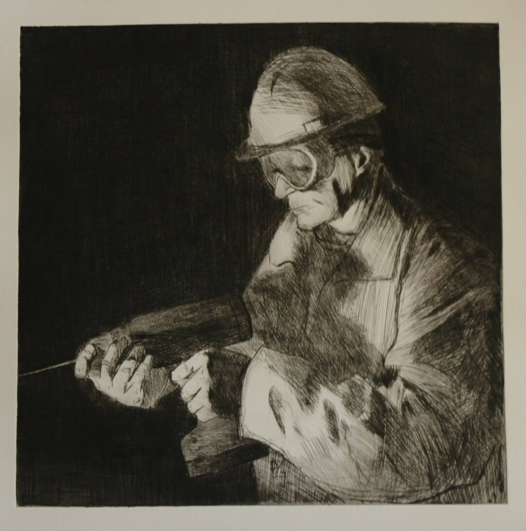 Drypoint Etching 'man With Drill ' - Etsy