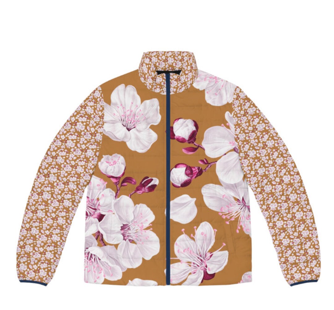 Floral Puffer Jacket, Winter Coat With Cherry Blossoms Print, Light Brown and Pink - Etsy