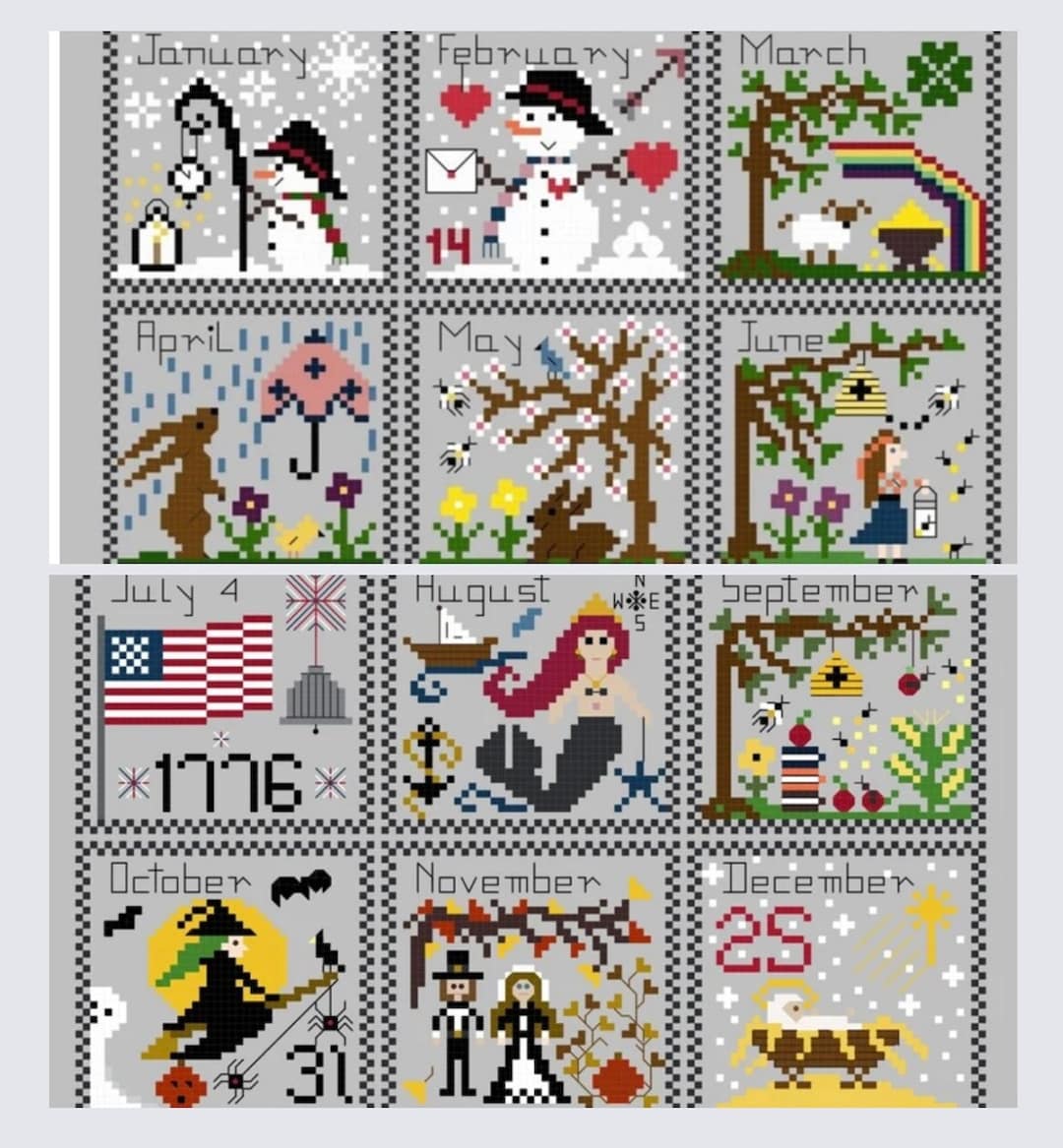PDF, Set 1 and 2 Months of the Year, Cross Stitch Patterns, January to ...