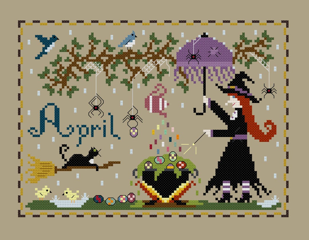 PDF, Witch Calendar April Month of the Year, Cross Stitch, Witchy ...