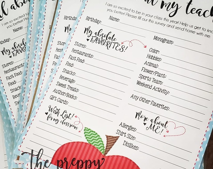 Instant Download All About My Teacher Survey- Beginning of the Year ...