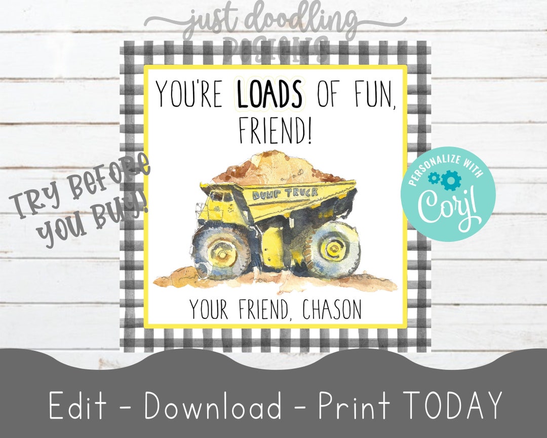 Printable Dump Truck Valentines, Construction Truck Valentines, Boy ...