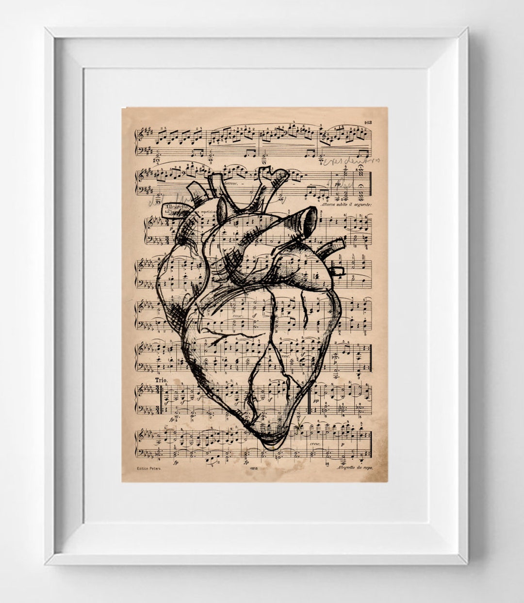 CORAZÓN, Print sobre partitura original, Obra de arte, Impresión en ...