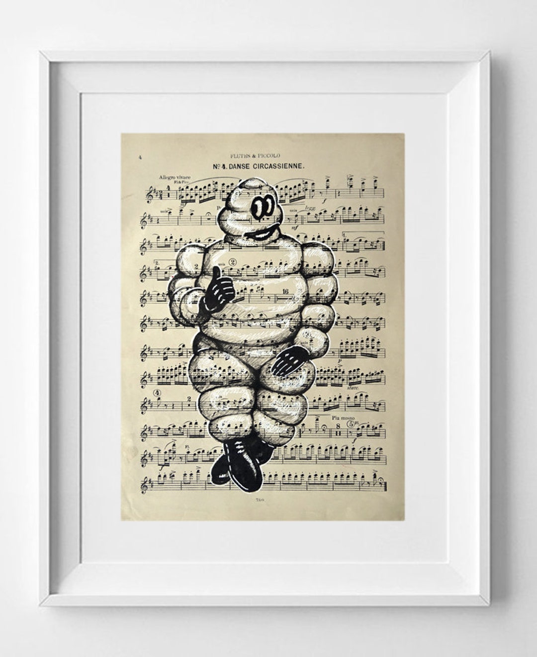 Vintage Bibendum Michelin Drawing on Sheet Music - Upcycled Wall Art ...