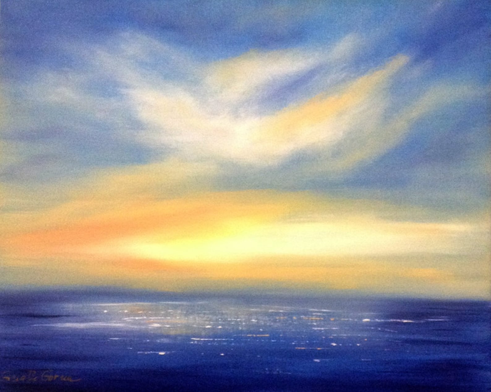 Paz, Pintura al óleo original de la puesta del sol, 20x16 en azul ...