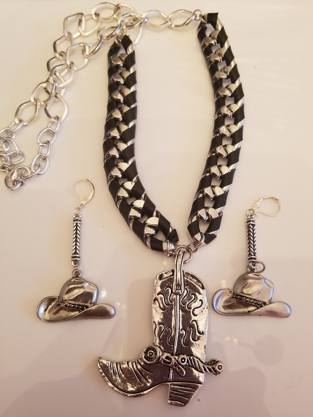 Large Silver and Black Leather Thread. Silver Black Chain. - Etsy