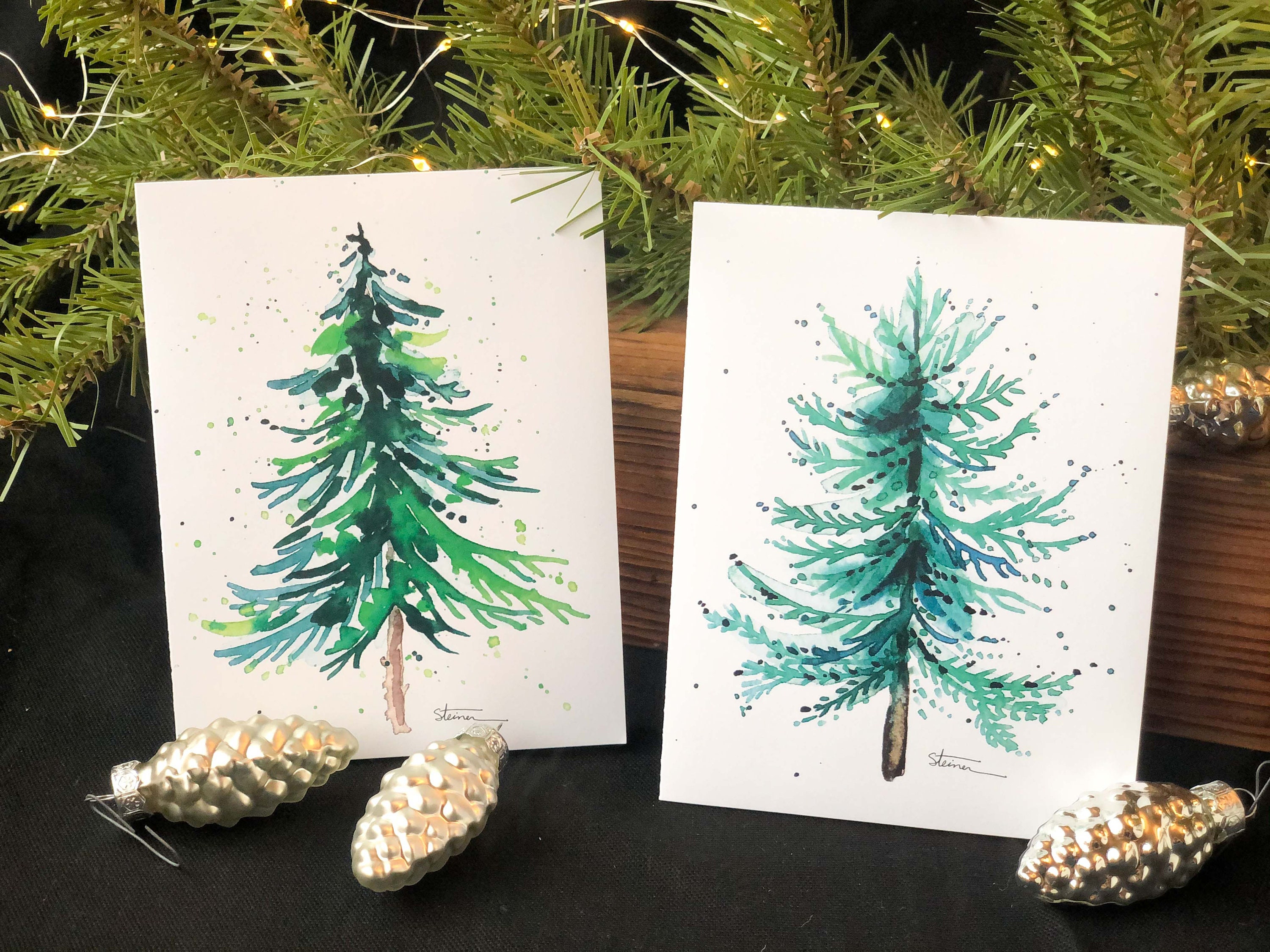 Watercolor "evergreen Trees" Note Card Assortment Pack; 6 Cards, 6 ...