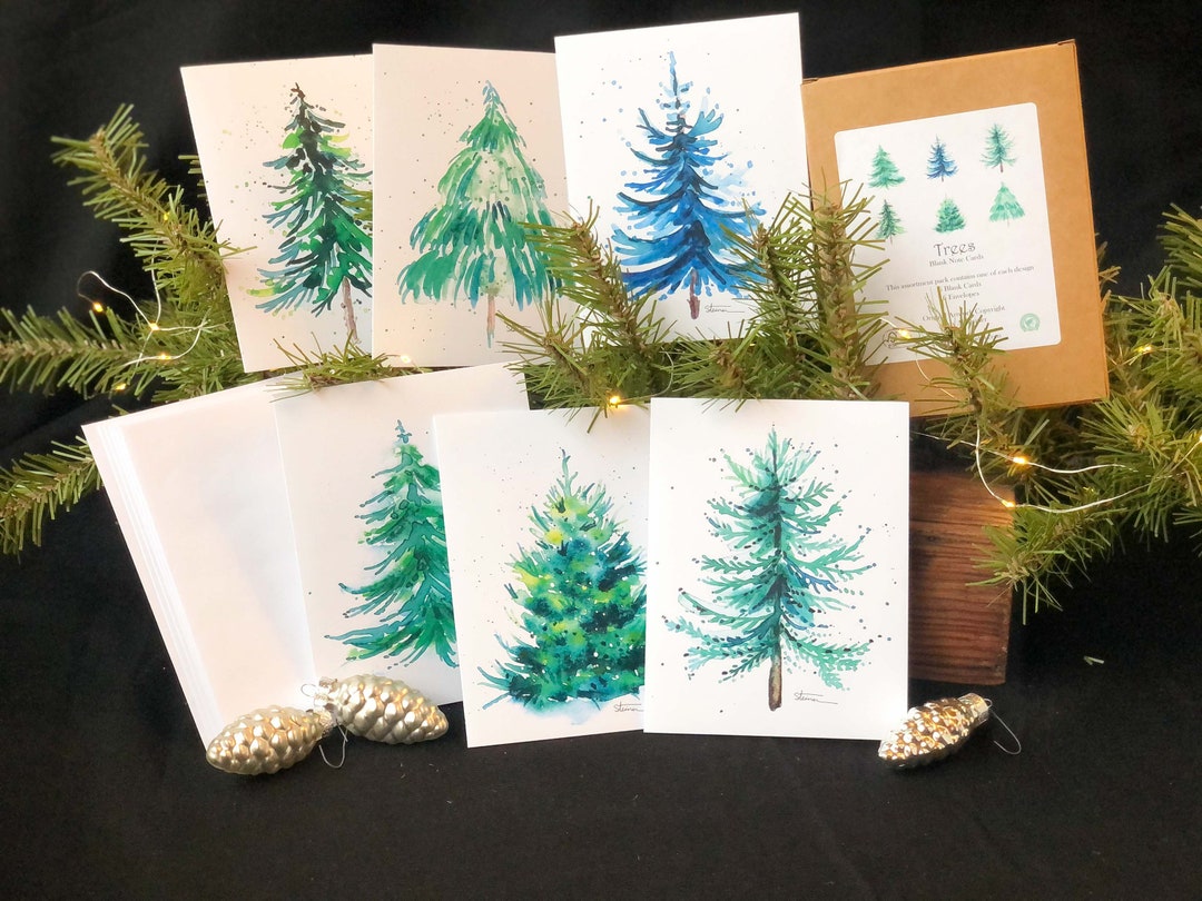 Watercolor "evergreen Trees" Note Card Assortment Pack; 6 Cards, 6 ...