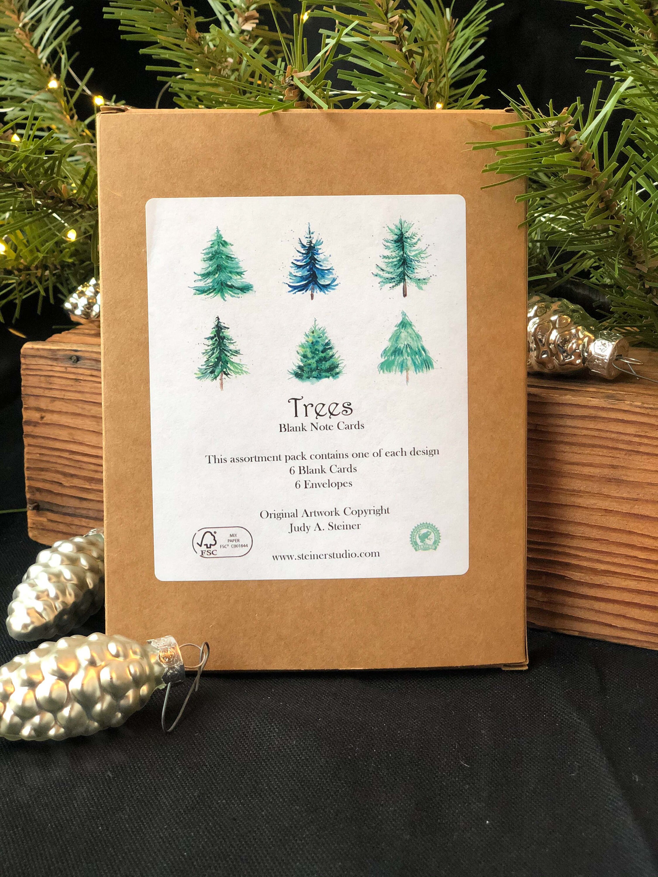 Watercolor "evergreen Trees" Note Card Assortment Pack; 6 Cards, 6 ...