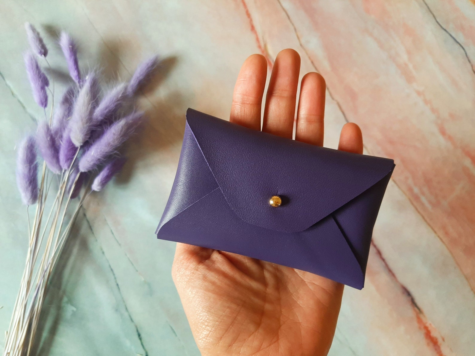 Purple Leather Card Case / Personalized Purple Envelope Card - Etsy