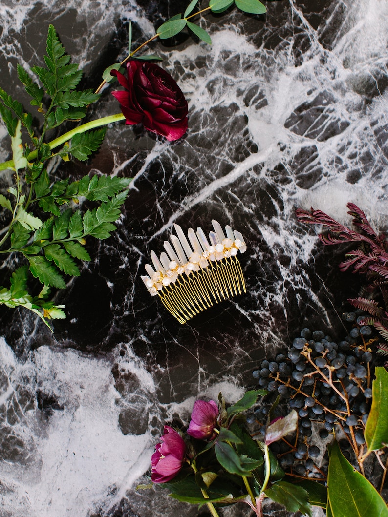 SAMPLE SALE - GEMINI Iridescent Raw Quartz Wedding Comb With Opals and ...