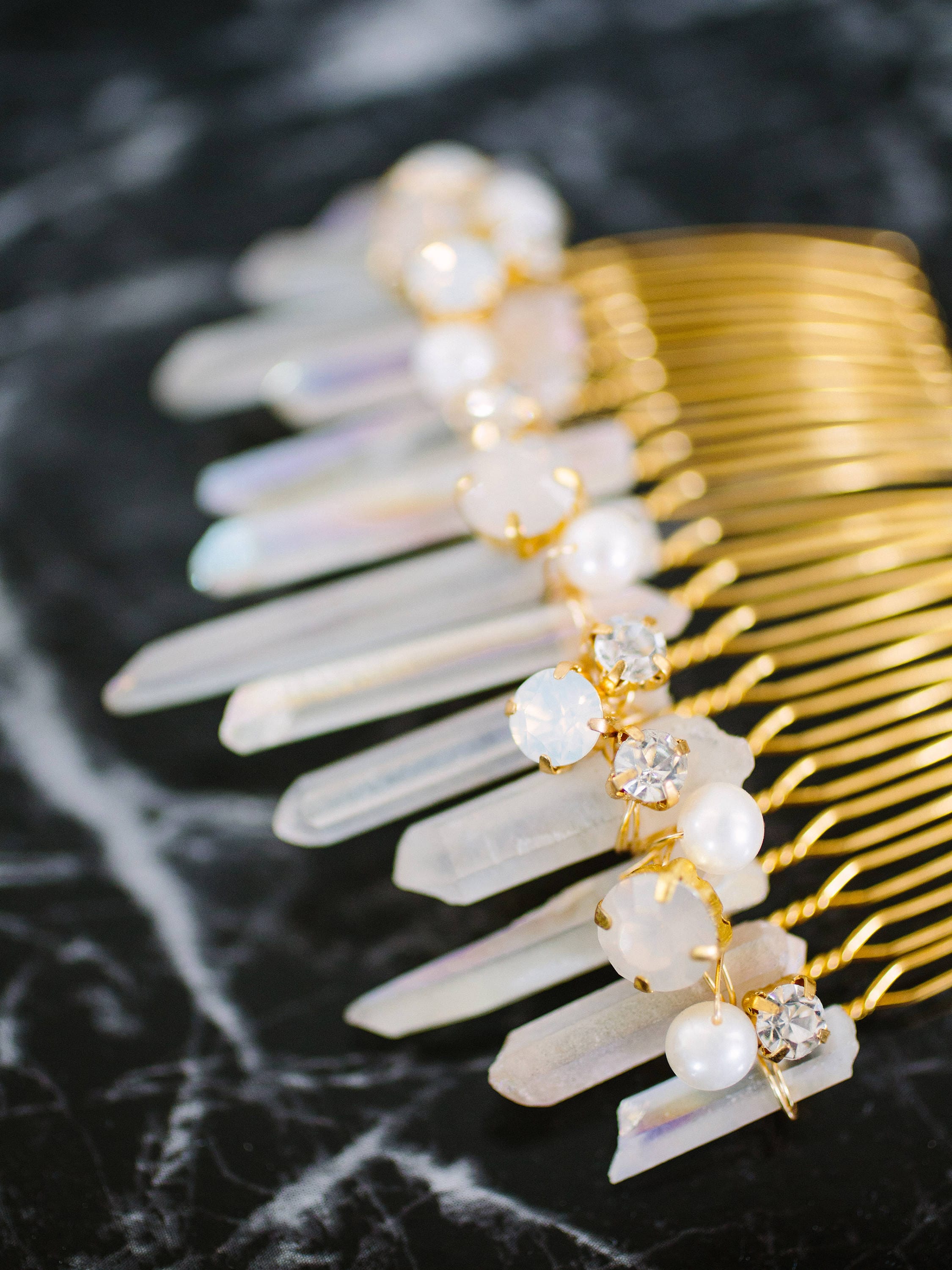 SAMPLE SALE - GEMINI Iridescent Raw Quartz Wedding Comb With Opals and ...