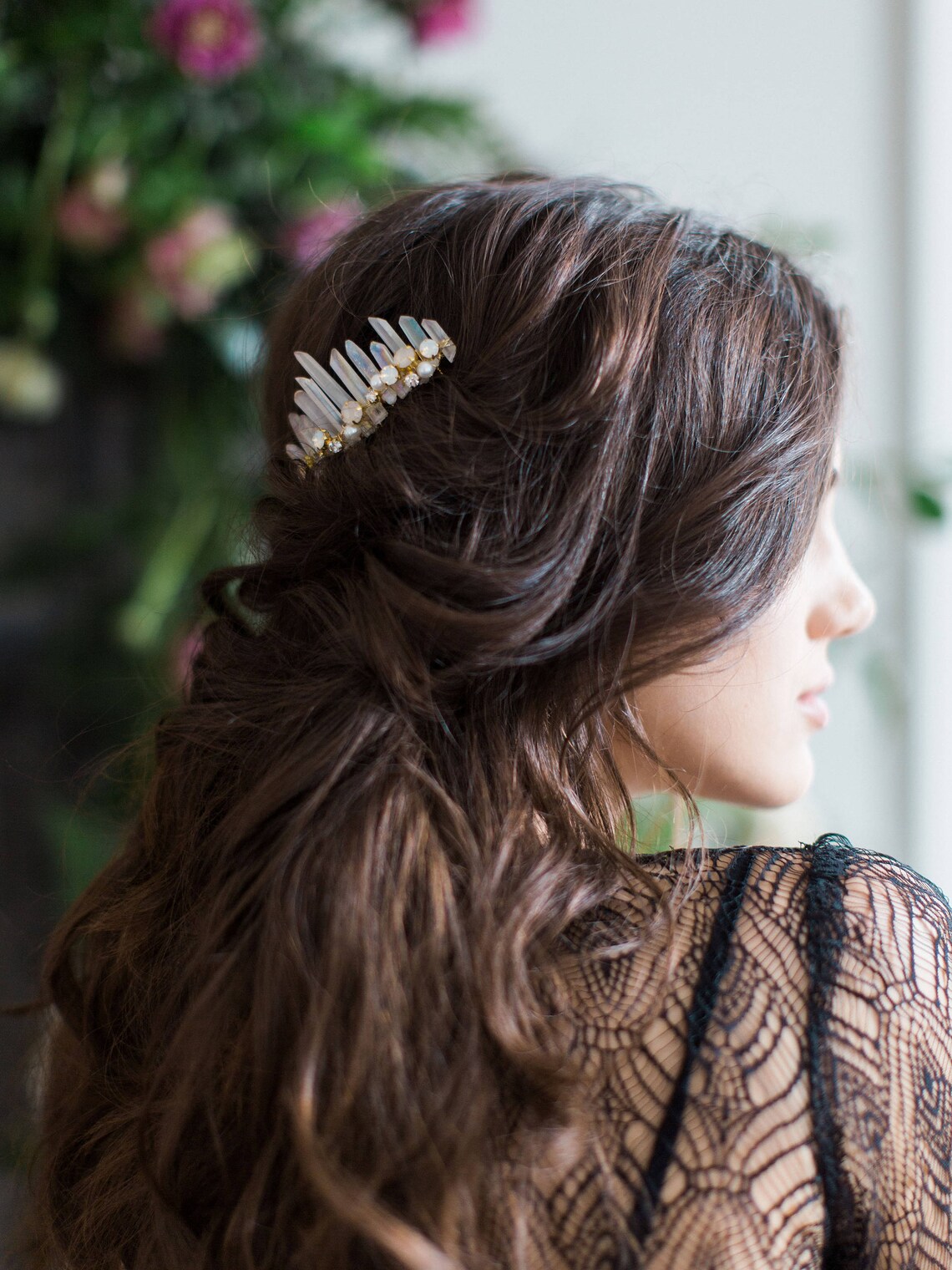 SAMPLE SALE - GEMINI Iridescent Raw Quartz Wedding Comb With Opals and ...