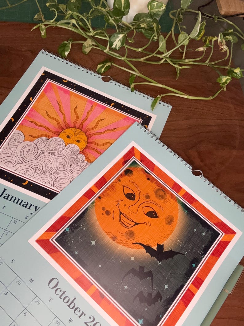 2026 Hand Drawn Sun & Moon Calendar | Customizable Art Print Wall Decor ...