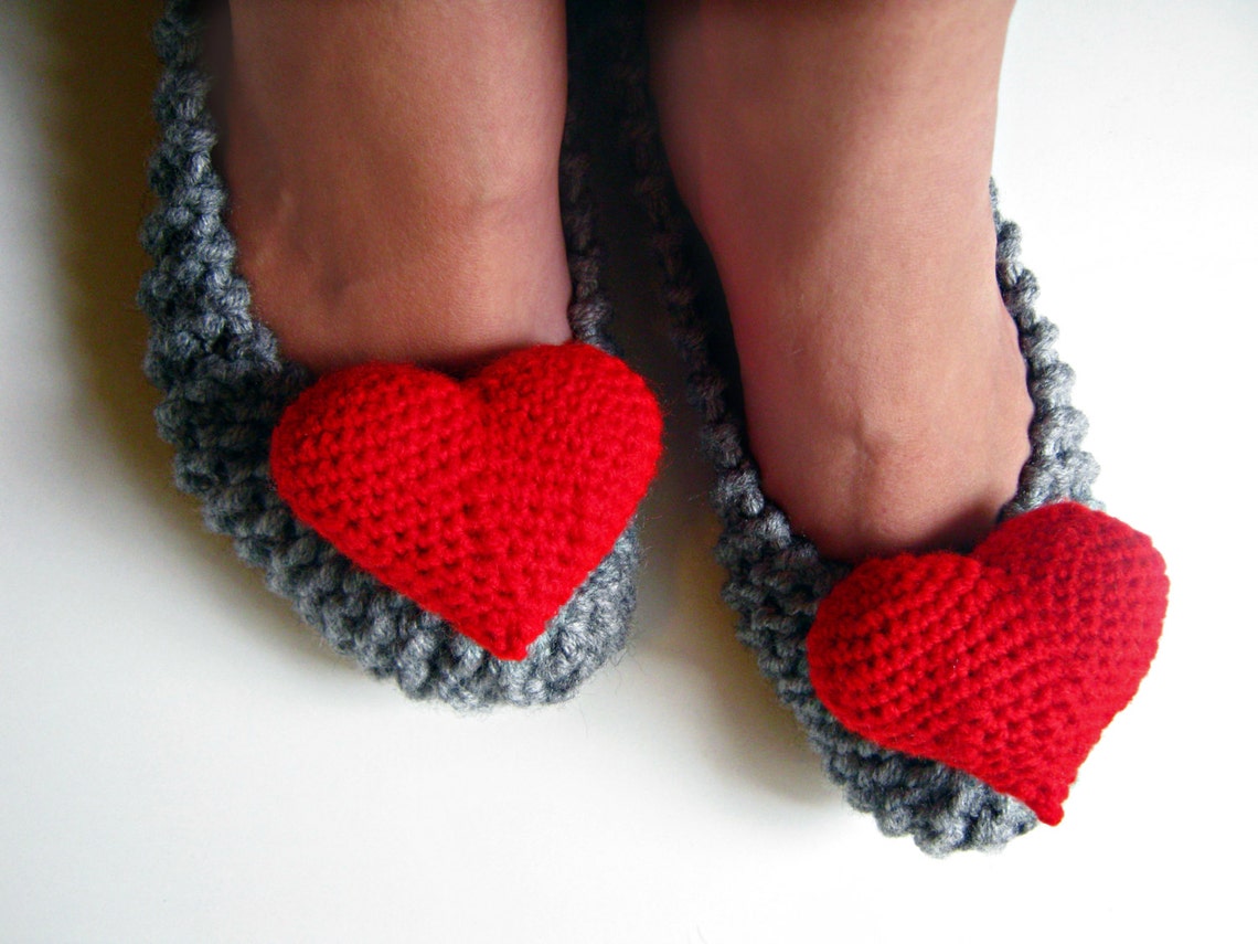 Red Heart Women's Slippers Knitted Slippers Valentine | Etsy