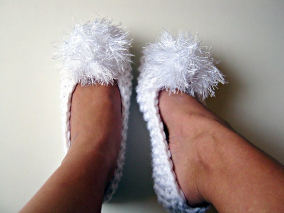 Womens WHITE Slippers White Wedding Slippers Knitted Bridal | Etsy