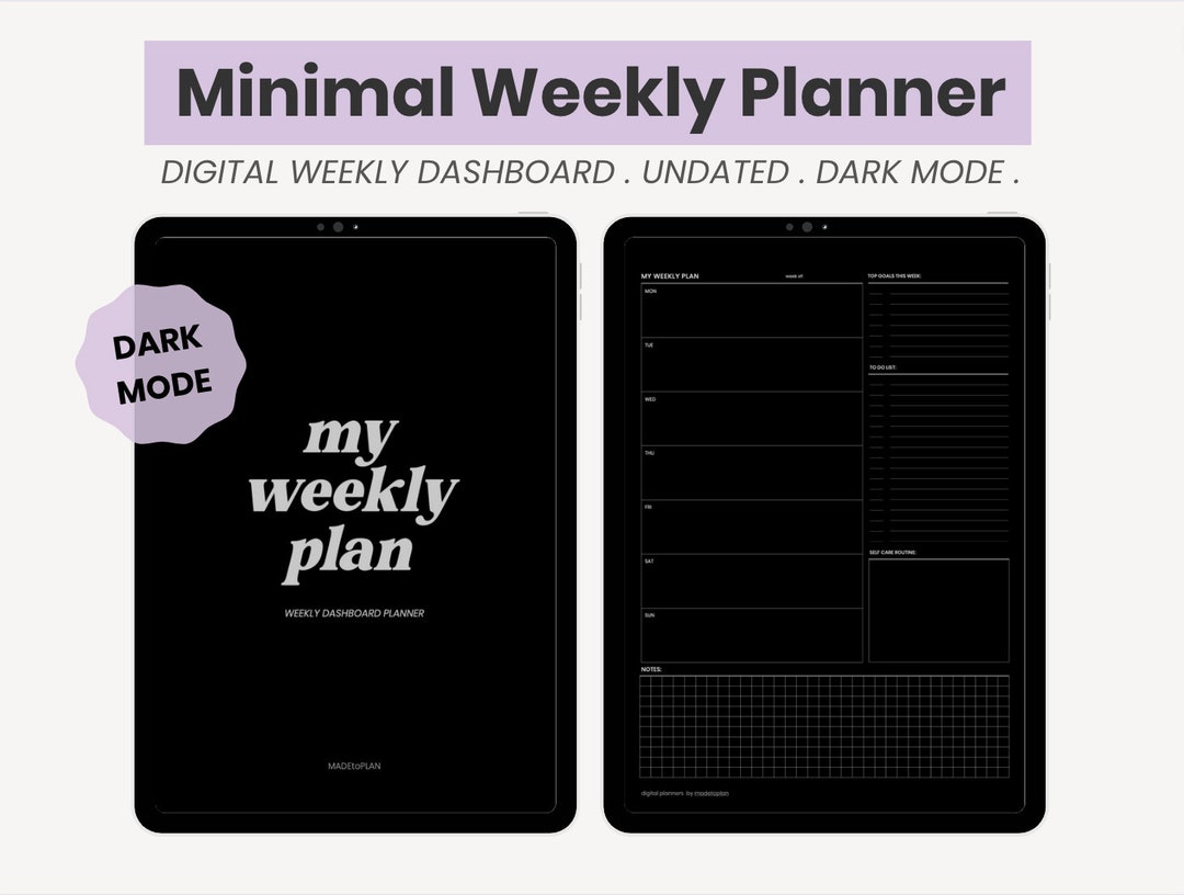 Digital Weekly Planner Dashboard | Undated Weekly Planner | Dark Mode ...