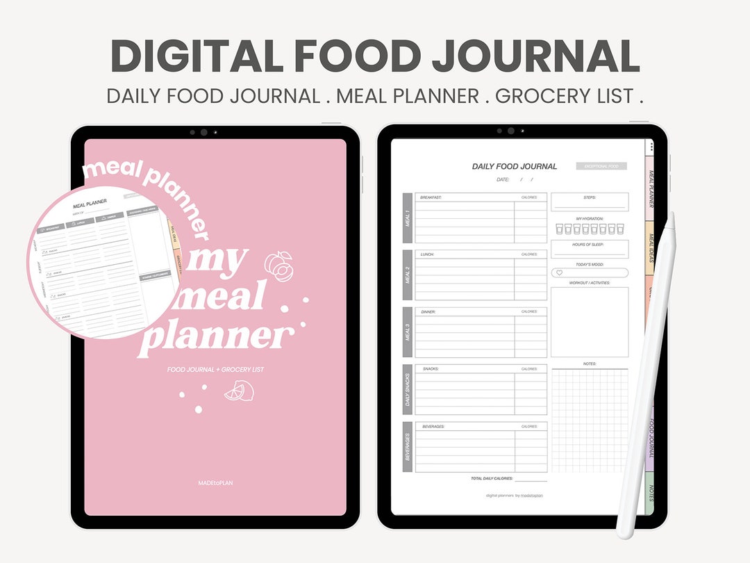 Daily Food Journal | Digital Meal Planner Tracker | Grocery List and ...