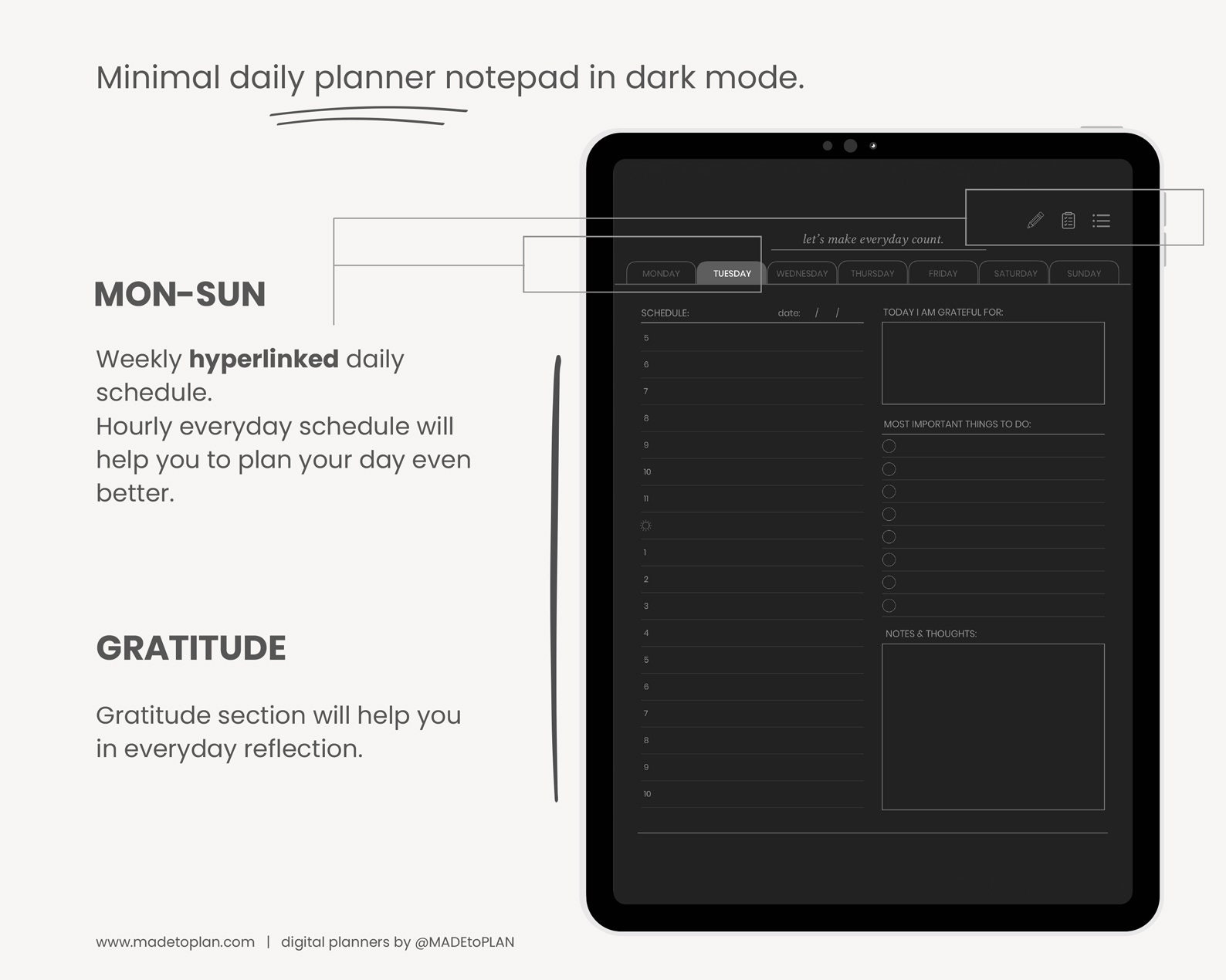 Dark Mode Digital Daily Notepad to Do List Digital Planner - Etsy