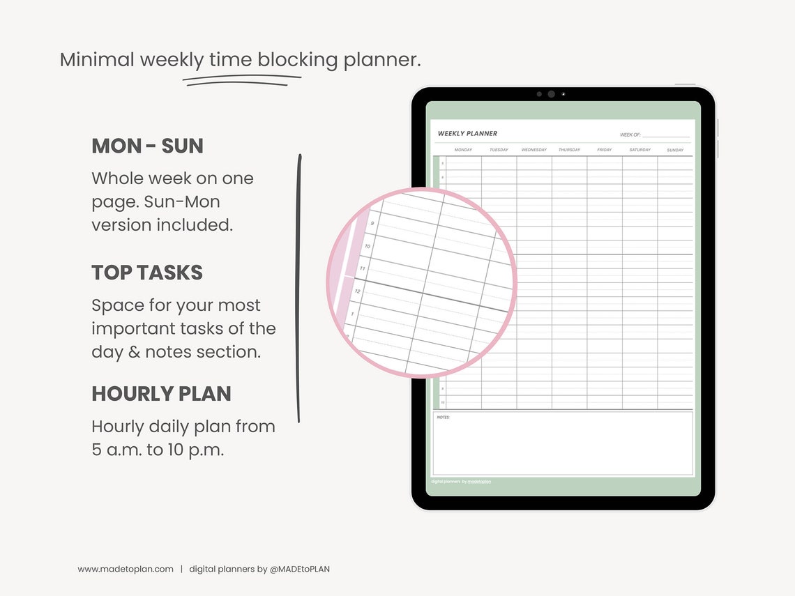 Digital Hourly Weekly Planner | Time Block Spread | Time Blocking ...
