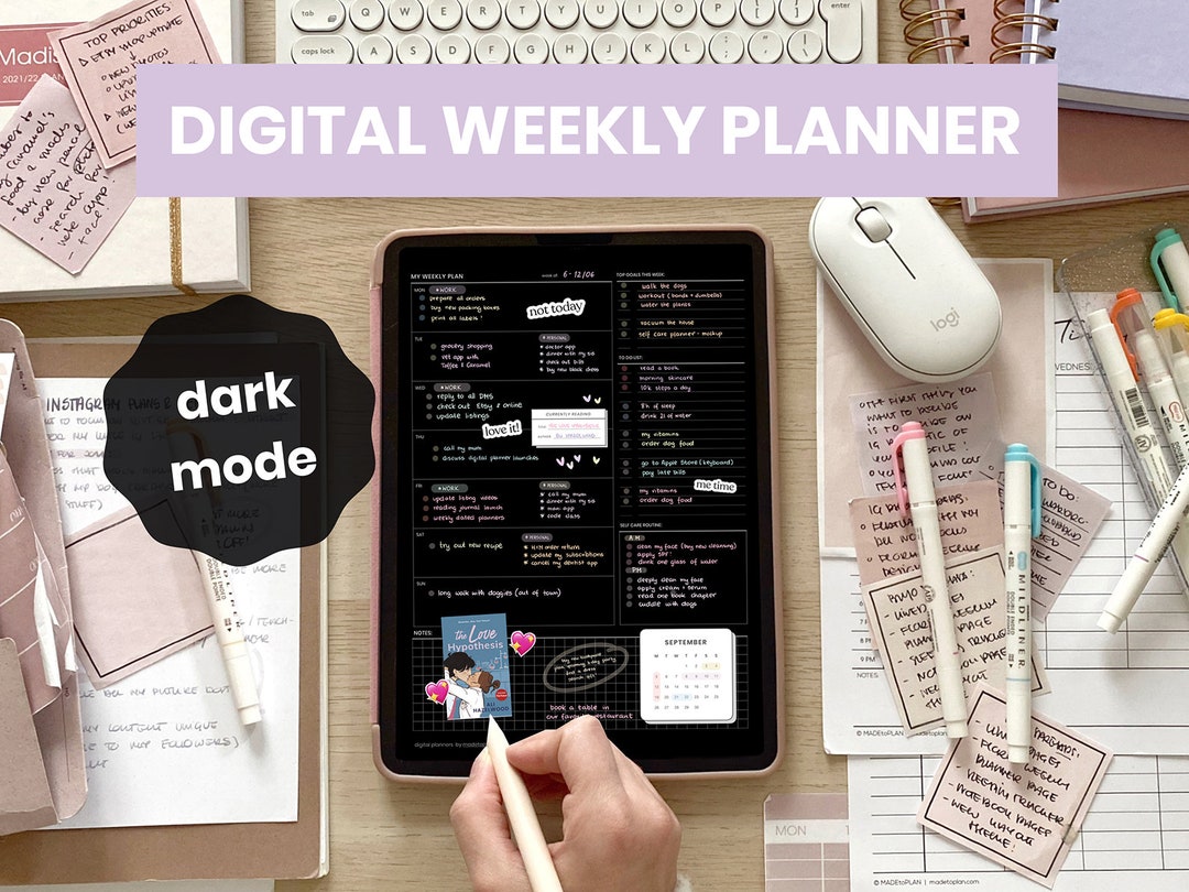 Digital Weekly Planner Dashboard | Undated Weekly Planner | Dark Mode ...