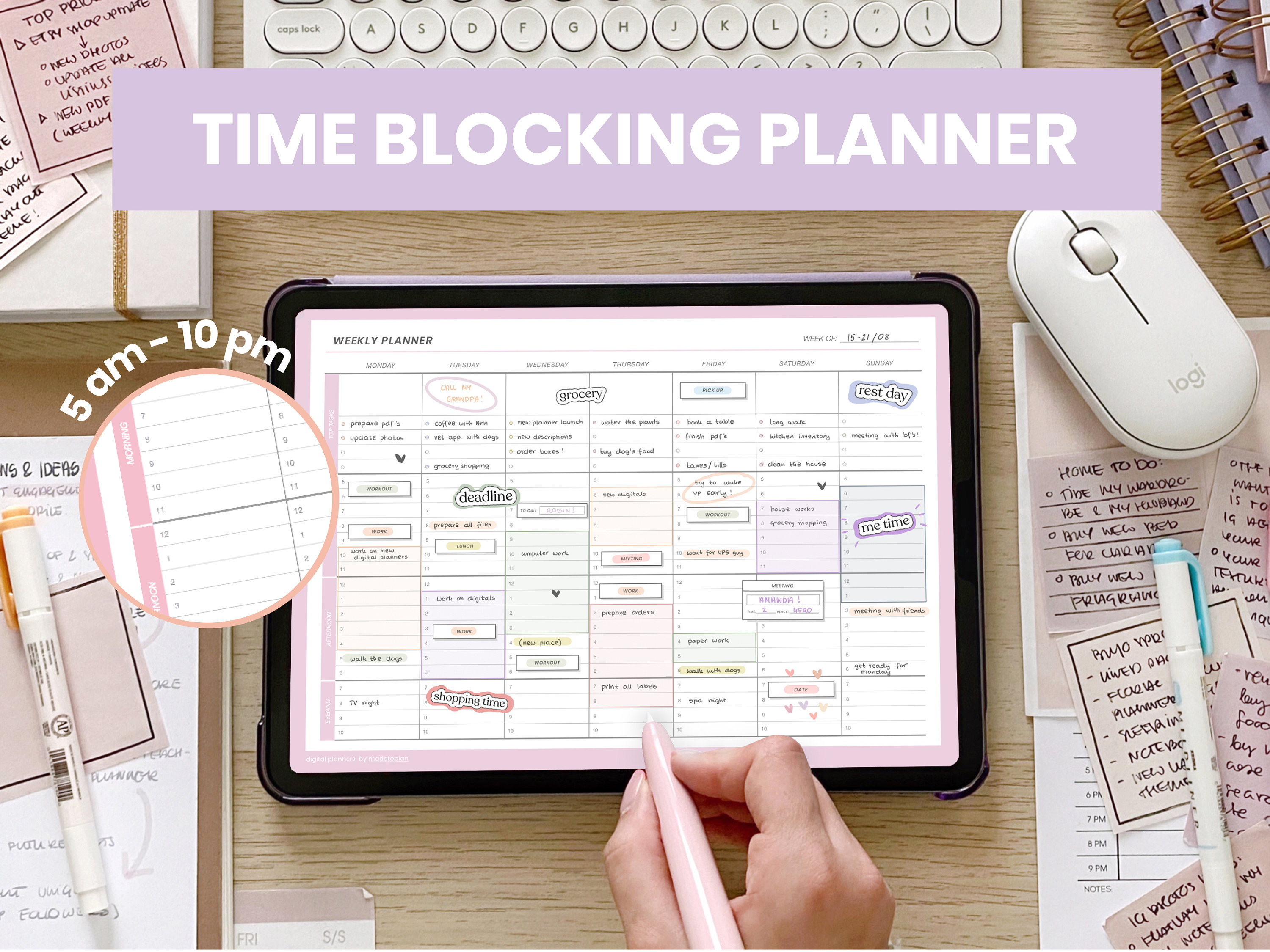Digital Hourly Weekly Planner Time Block Spread Time - Etsy