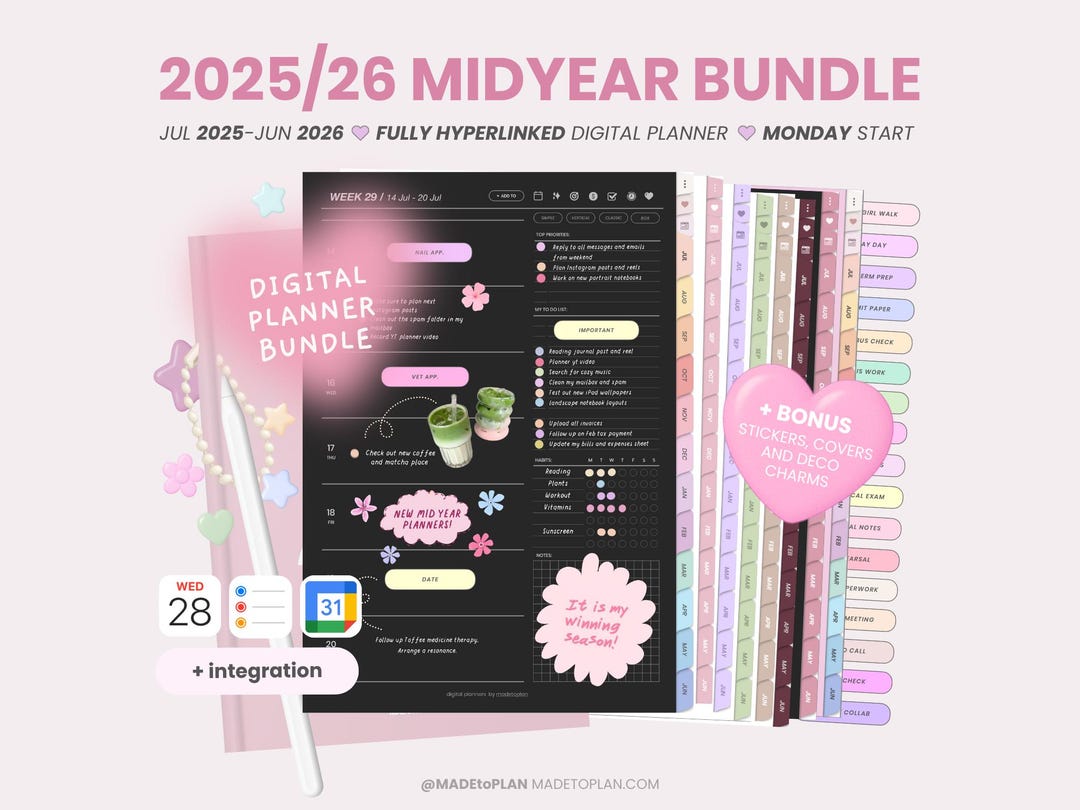 2025-2026 Mid Year Digital Planner Bundle | Hyperlinked Dated Monthly ...