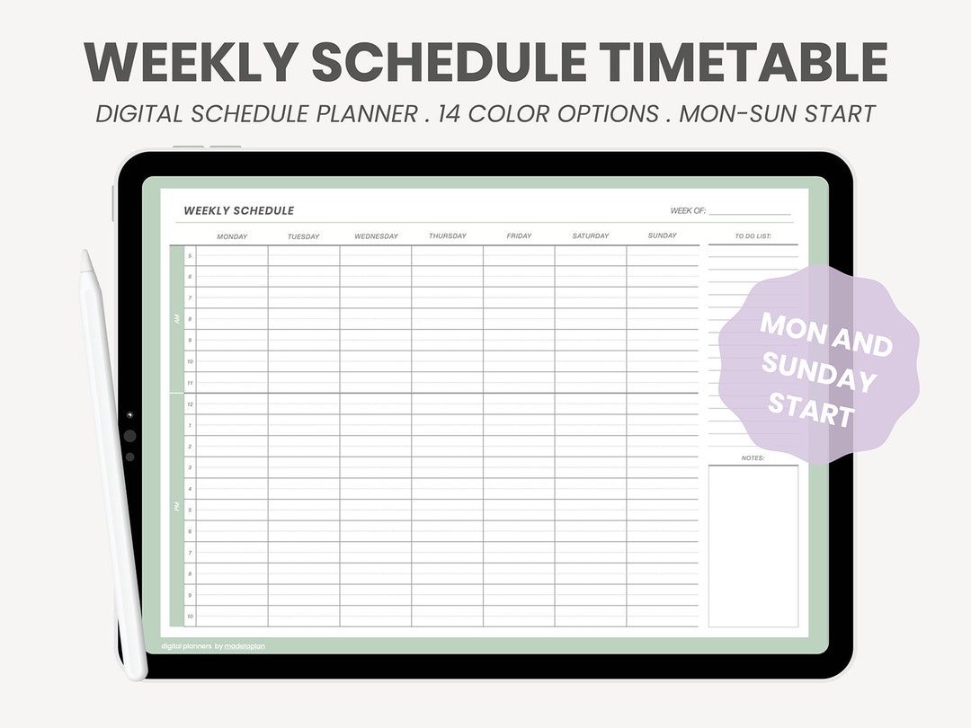 Digital Weekly Schedule Timetable | Hourly Weekly Organizer | School ...