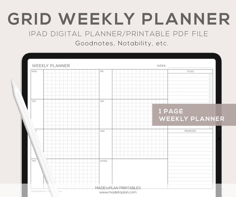 Digital Weekly Planner Grid Planner Undated Digital - Etsy
