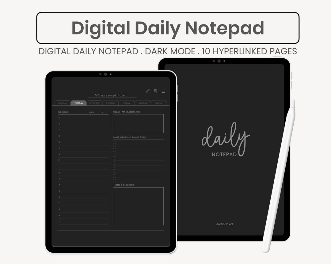 Dark Mode Digital Daily Notepad | to Do List Digital Planner | Portrait ...
