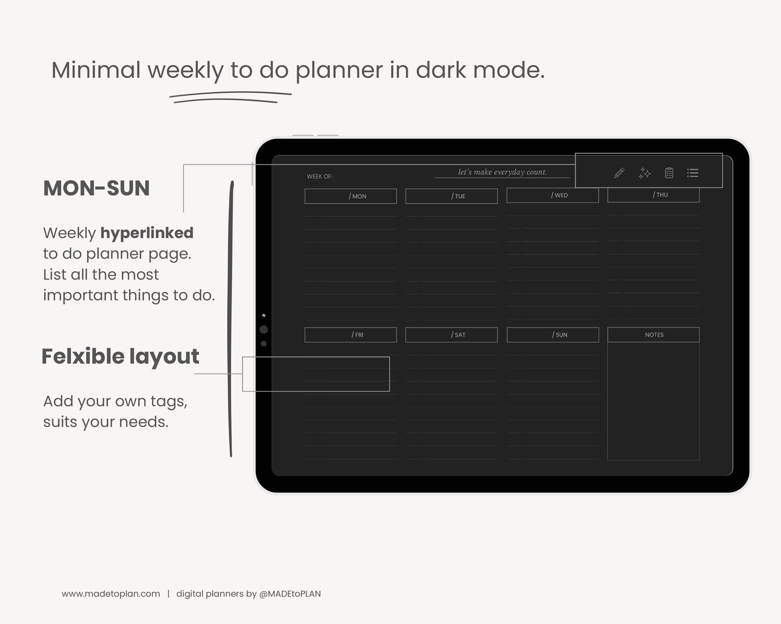 Dark Mode Digital Weekly to Do Planner to Do List Checklist - Etsy