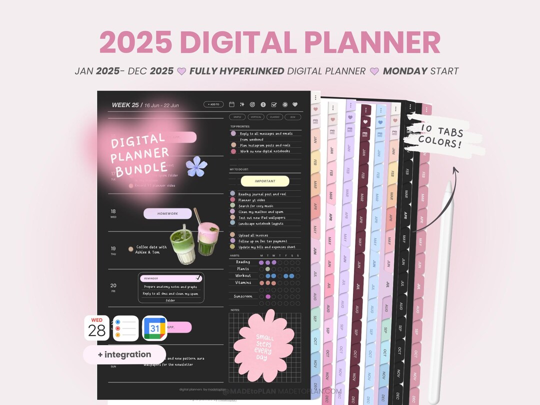2025 Digital Planner Bundle | Dark Mode | Hyperlinked Dated Monthly ...