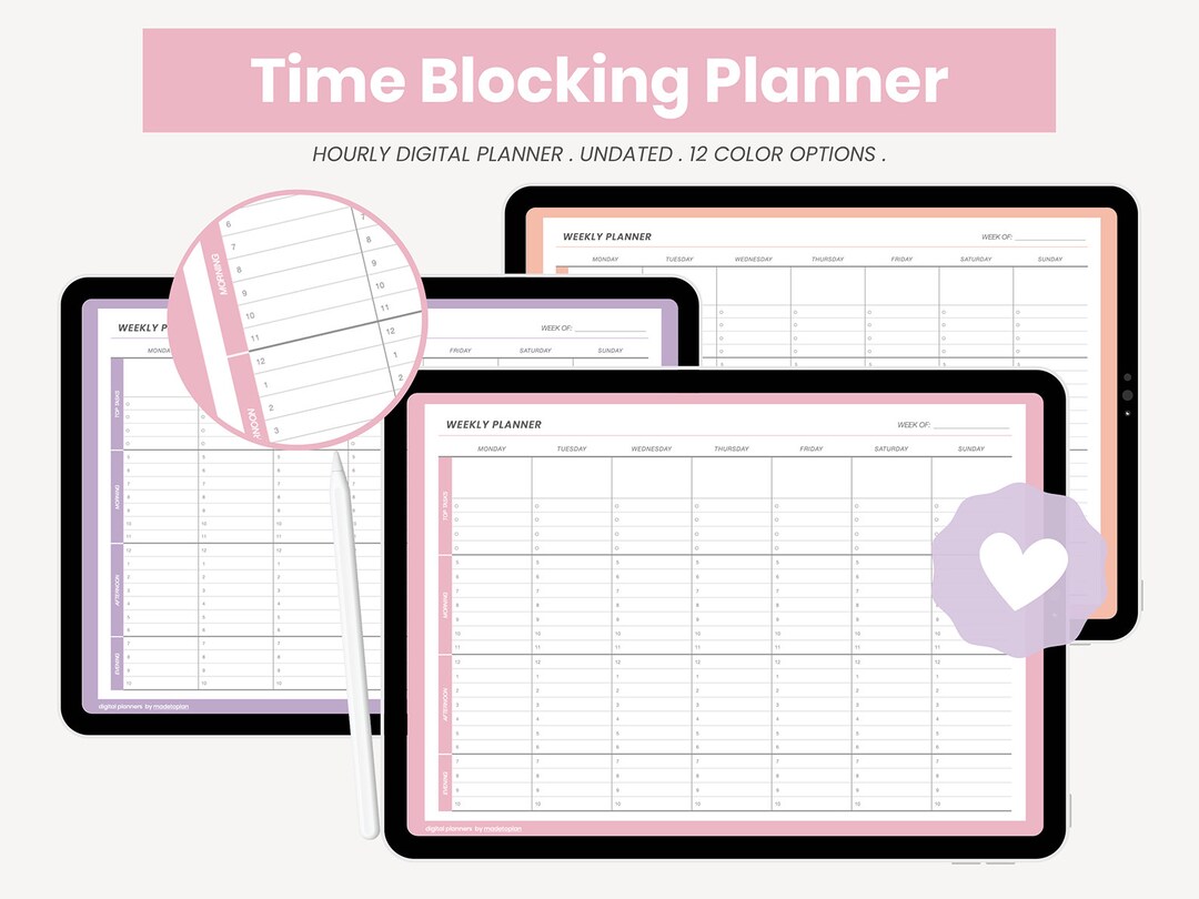 Digital Hourly Weekly Planner | Time Block Spread | Time Blocking ...