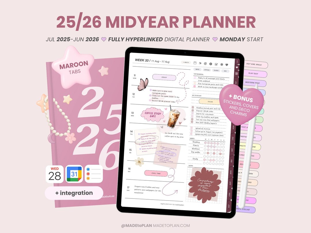 2025-2026 Portrait Mid Year Digital Planner | Hyperlinked Dated Monthly ...
