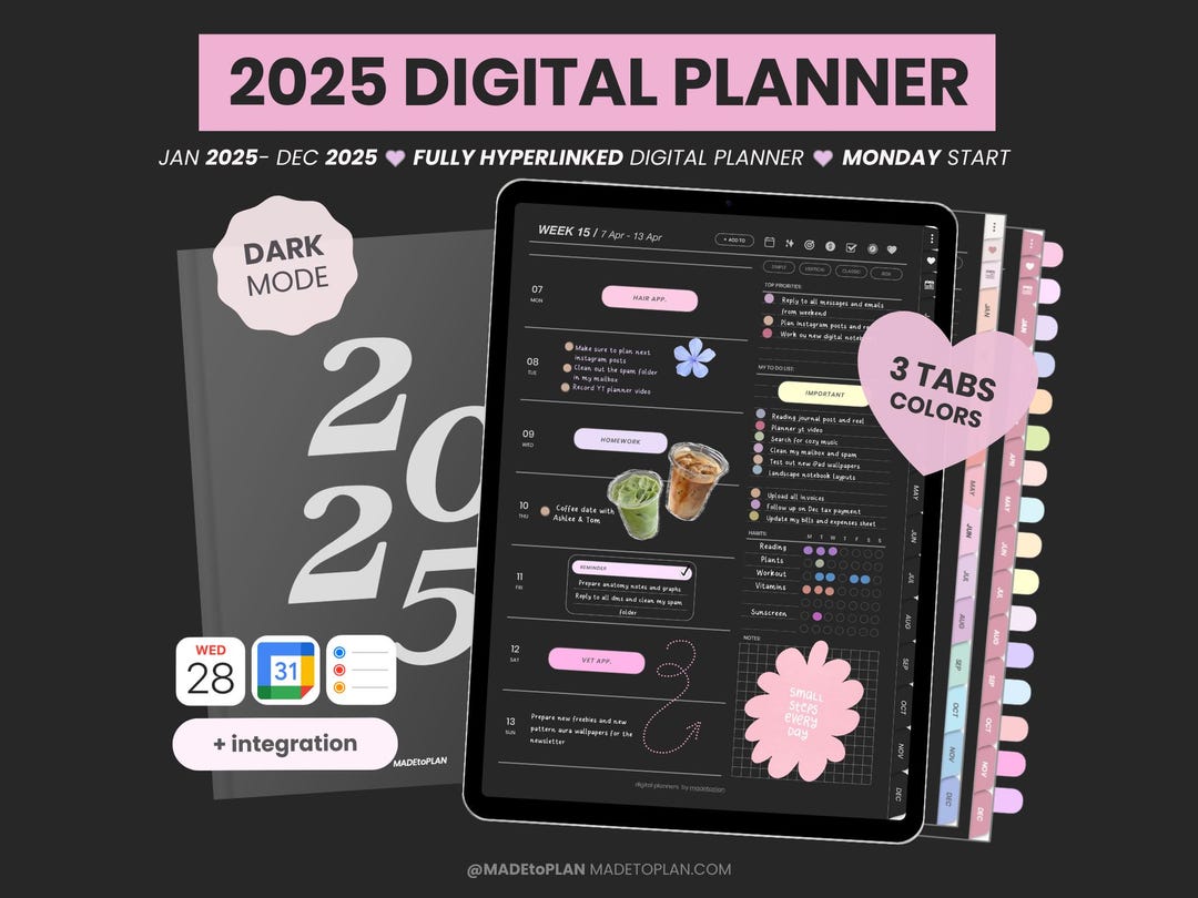 2025 Dark Mode Digital Planner | Hyperlinked Portrait Dated Monthly ...
