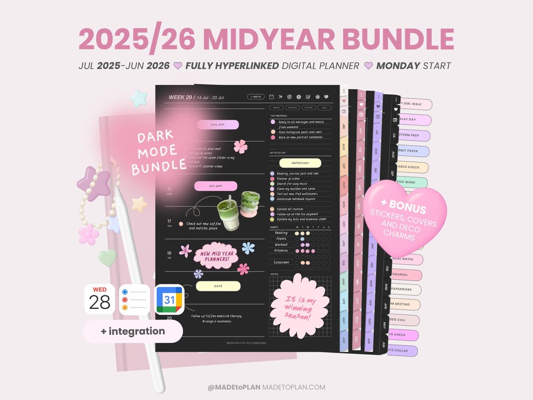 2025-2026 Mid Year Dark Mode Digital Planner Bundle | Dated Monthly ...