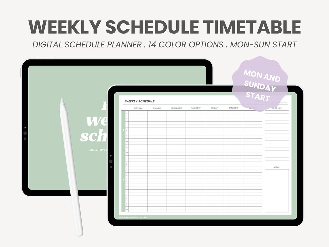 Digital Weekly Schedule Timetable | Hourly Weekly Organizer | School ...