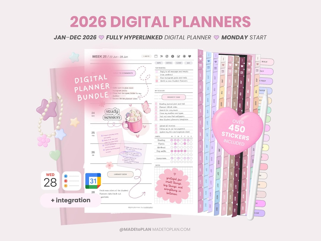 2026 Digital Planner Bundle | Hyperlinked Dated Monthly Weekly Daily ...
