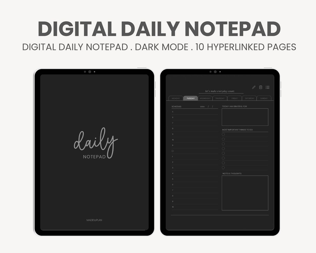 Dark Mode Digital Daily Notepad | to Do List Digital Planner | Portrait ...