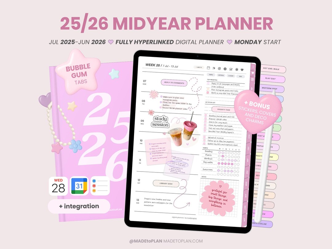 2025-2026 Portrait Mid Year Digital Planner | Hyperlinked Dated Monthly ...